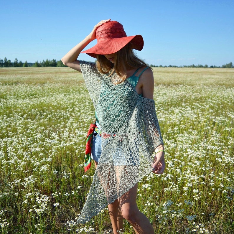 Green Cotton Summer Poncho Beach Knitted Poncho Crochet Boho | Etsy