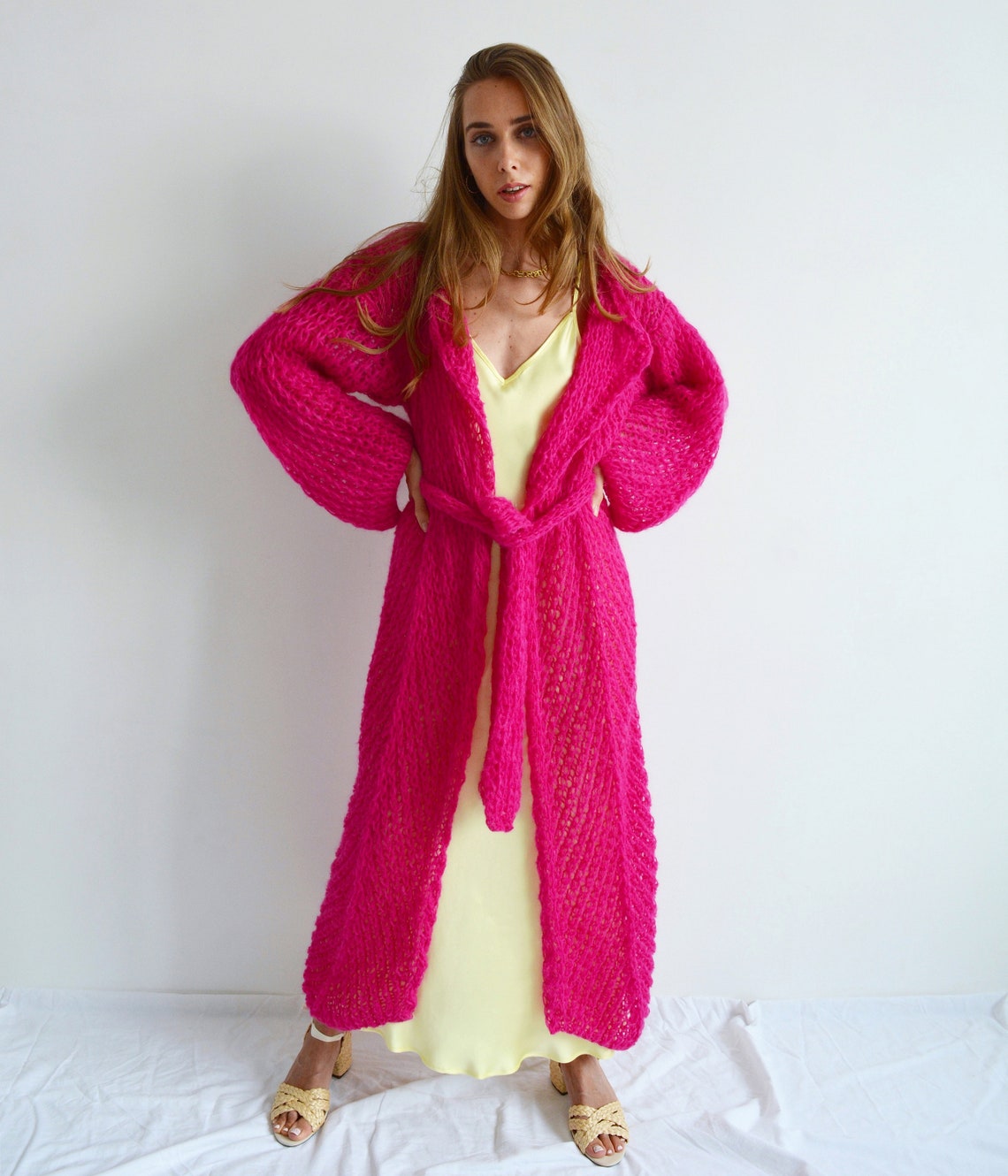 Fuchsia Pink Long Mohair Cardigan, Wrap Kimono Light Cardigan, Knitted ...