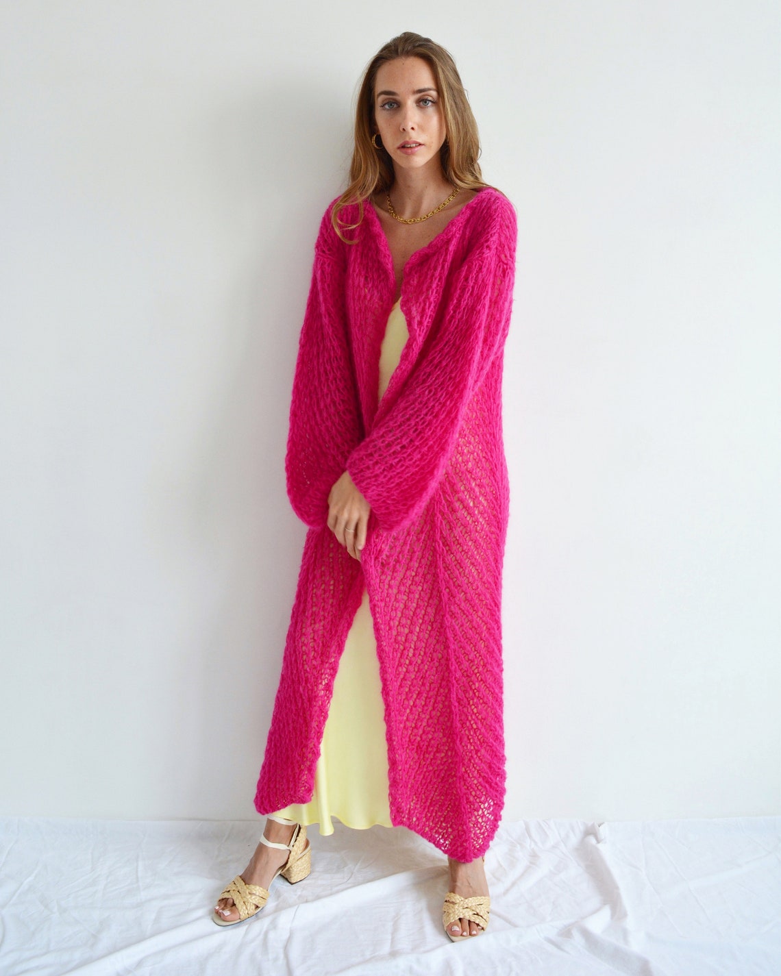 Fuchsia Pink Long Mohair Cardigan, Wrap Kimono Light Cardigan, Knitted ...