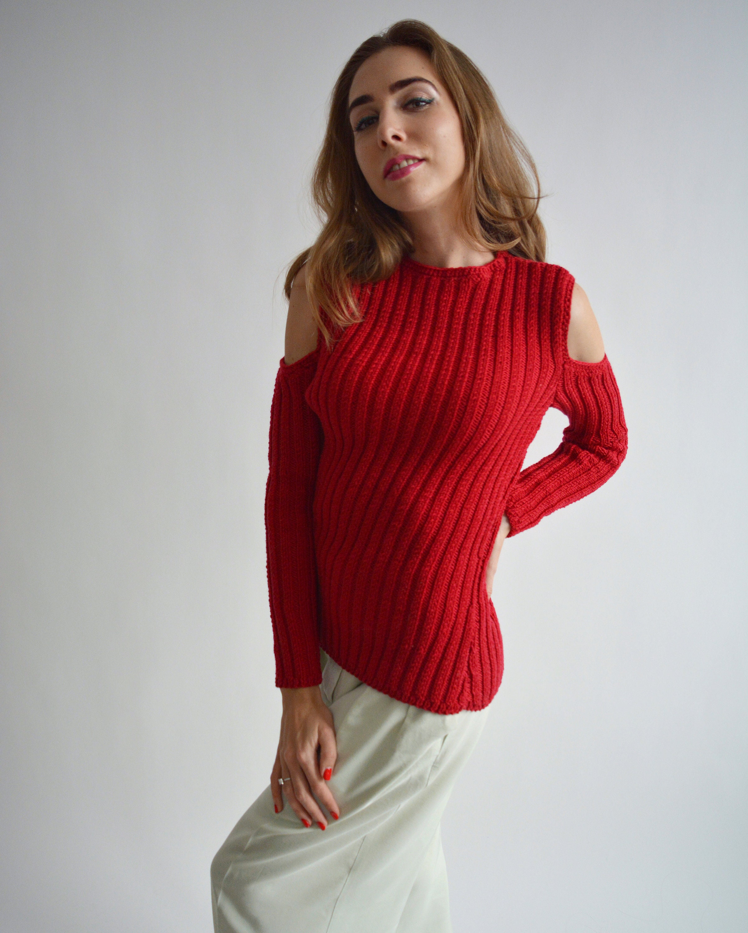 Red merino wool sweater Open shoulder sexy sweater Off | Etsy