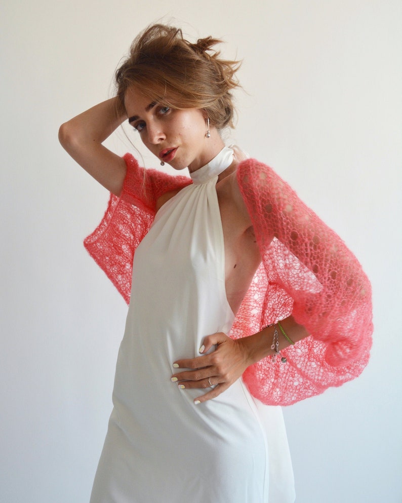 Coral Silk Mohair Shawl, Wedding Bolero Shrug, Bridal Knitted Shawl ...
