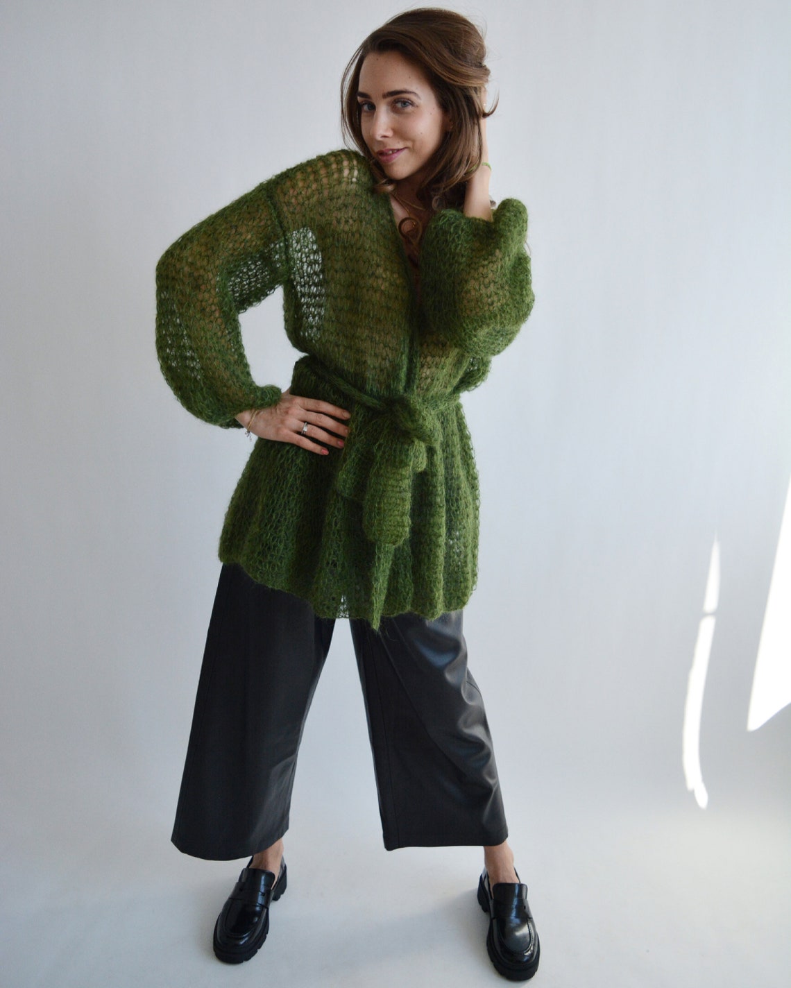 Green Mohair Cardigan Cropped Light Cardigan Chunky Handknit - Etsy UK