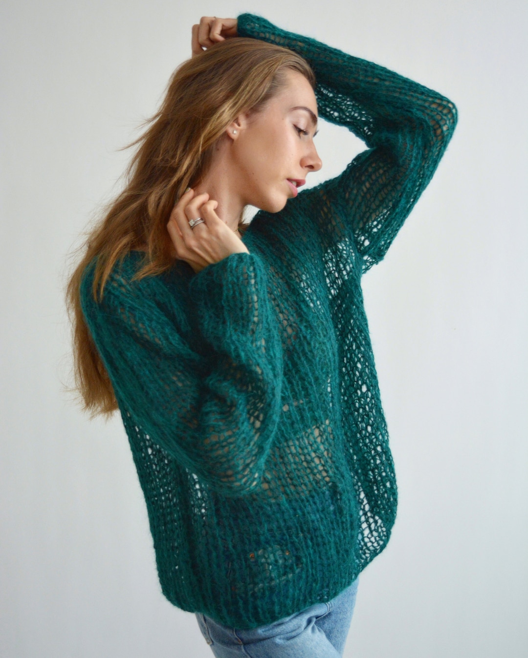 Suéter de mohair verde oscuro Suéter sexy tejido a mano Suéter holgado ...