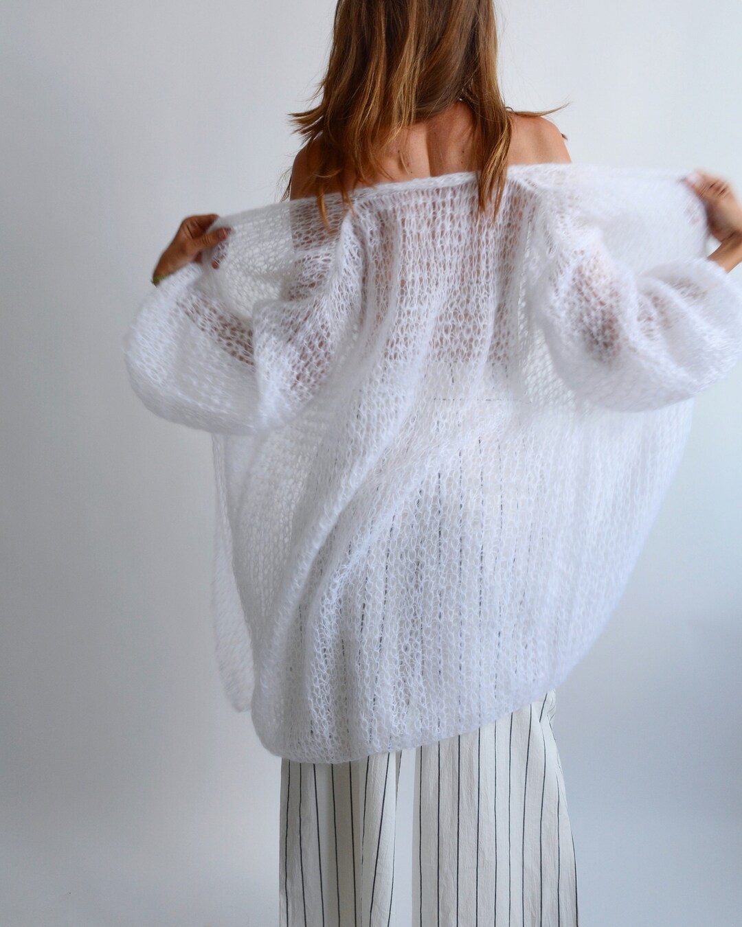 White Mohair Light Cardigan, Wedding Handknit Cardigan, Long Open Front ...