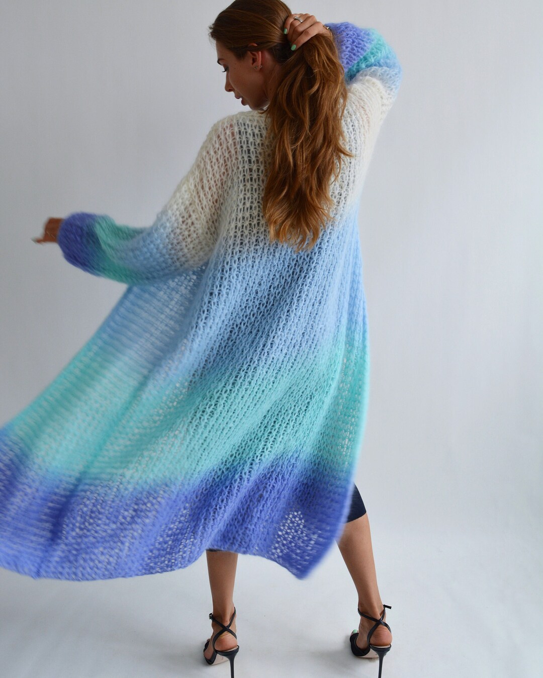Blue Thick Mohair Cardigan Long Ombre Cardigan Chic Maxi Knitted ...