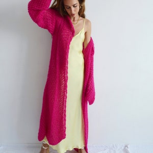 Fuchsia Pink Long Mohair Cardigan, Wrap Kimono Light Cardigan, Knitted ...