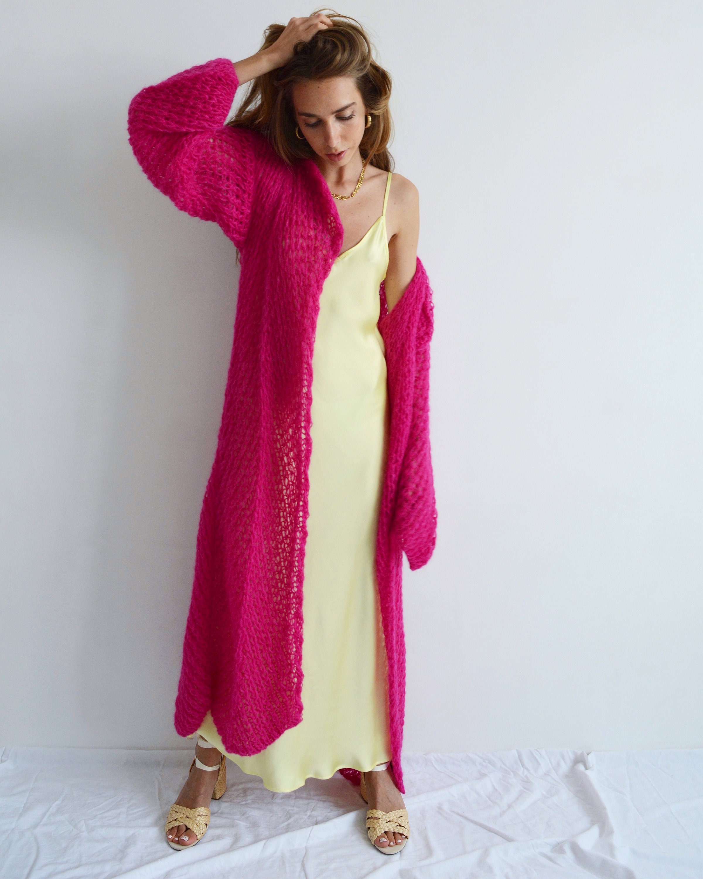 Fuchsia Pink Long Mohair Cardigan, Wrap Kimono Light Cardigan, Knitted ...