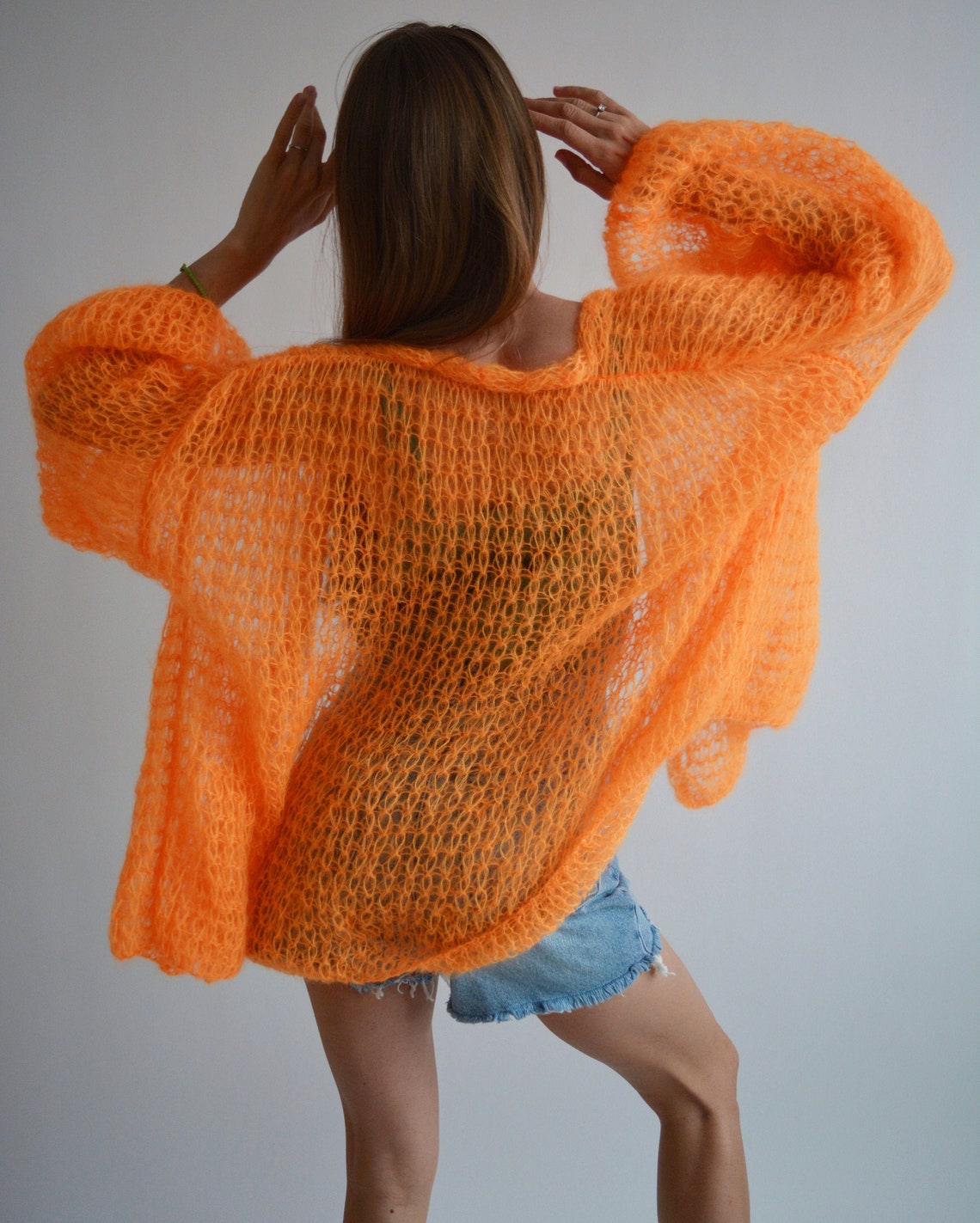 Bright Orange Cardigan Mohair Loose Cardigan Light Chunky Cardigan ...