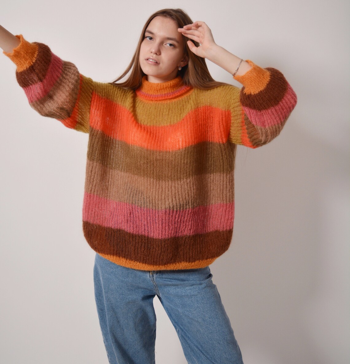 Bright Mohair Sweater Multicolor Striped Sweater Turtleneck | Etsy