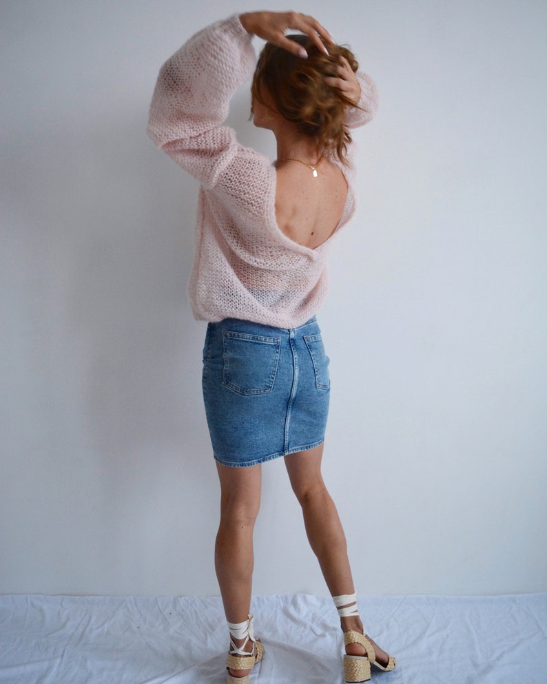 Pink Mohair V Neck Sweater Open Back Oversized Sweater Sexy - Etsy
