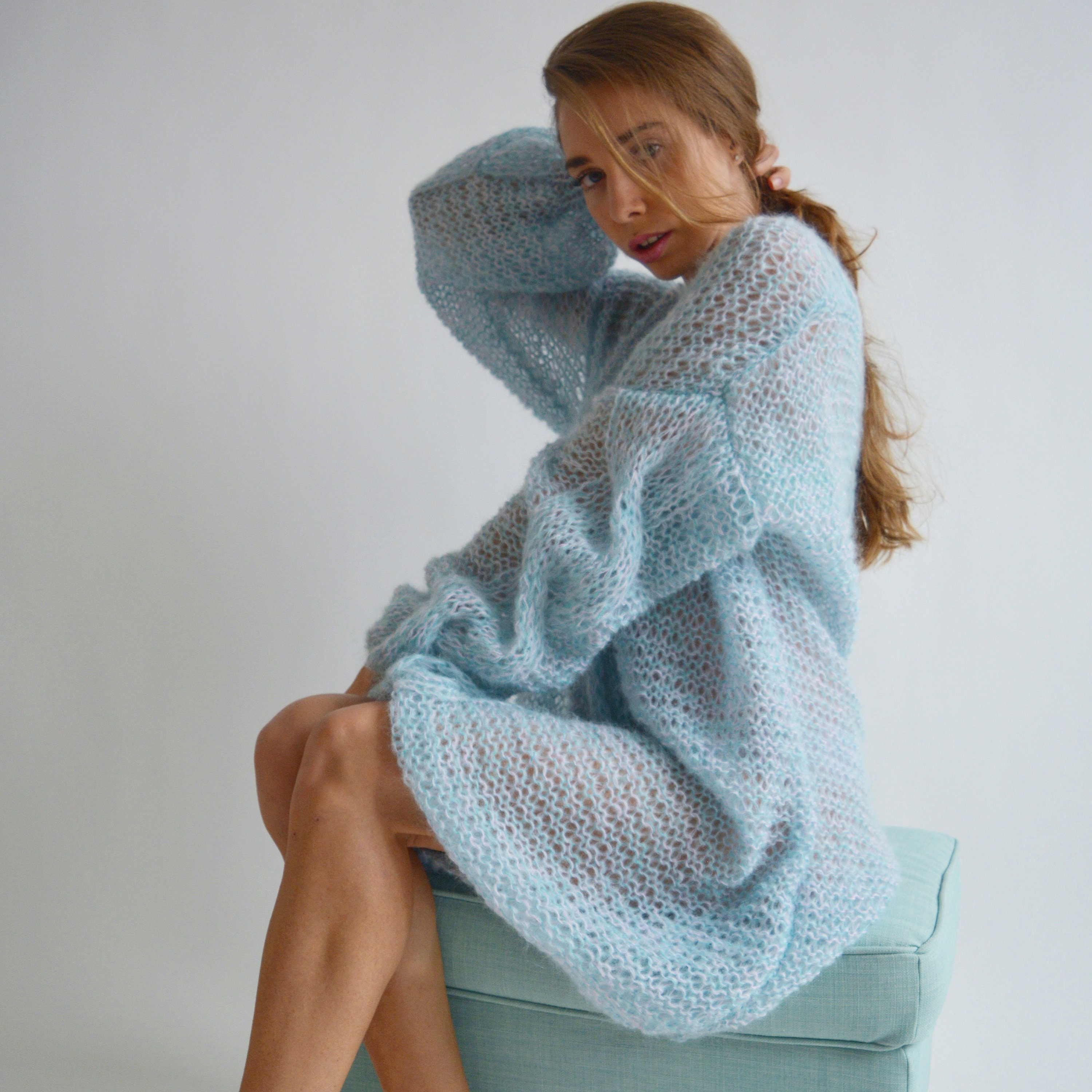 Blue Melange Button up Cardigan Mohair Long Cardigan Chic | Etsy