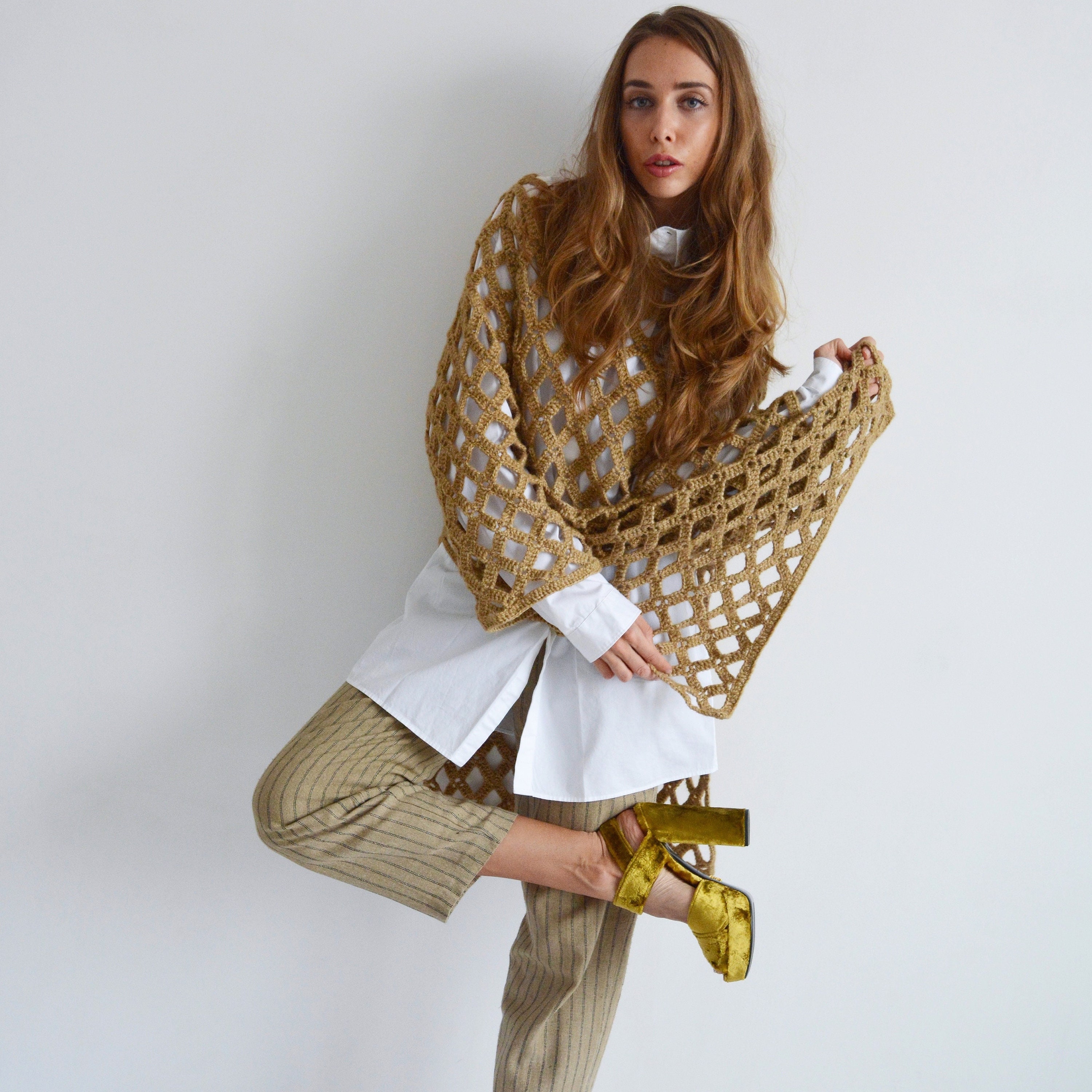 Beige knit tunic dress Mesh knit dress Hand knitted wool tunic | Etsy