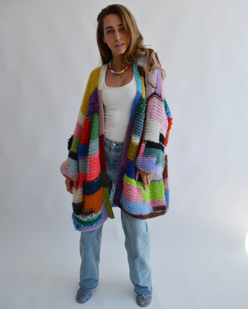 Thick Colorful Cardigan Mohair Patchwork Cardigan Long Extravagant ...