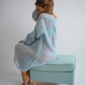 Blue Melange Button up Cardigan Mohair Long Cardigan Chic Light ...