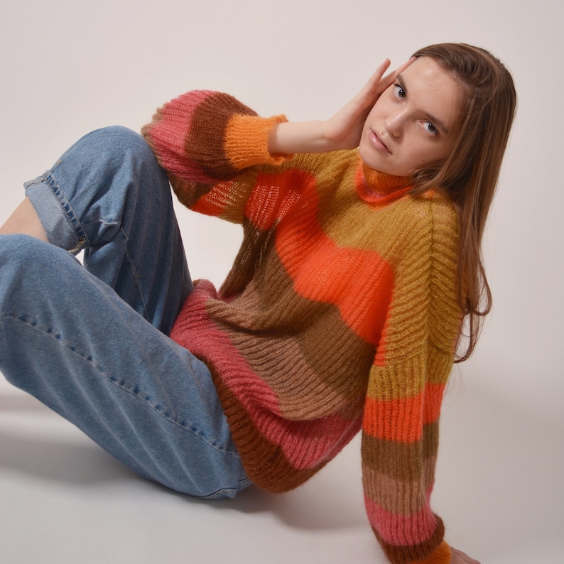 Bright Mohair Sweater Multicolor Striped Sweater Turtleneck - Etsy