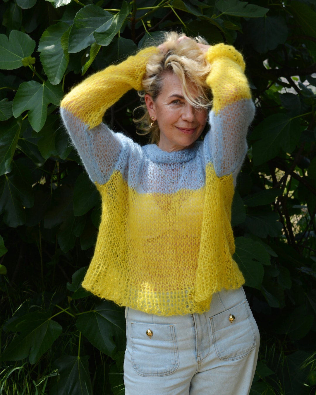 Yellow Blue Ukrainian Sweater Striped Mohair Patriotic Sweater Mesh ...