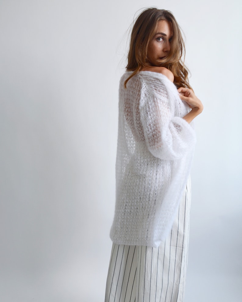 White Mohair Light Cardigan, Wedding Handknit Cardigan, Long Open Front ...