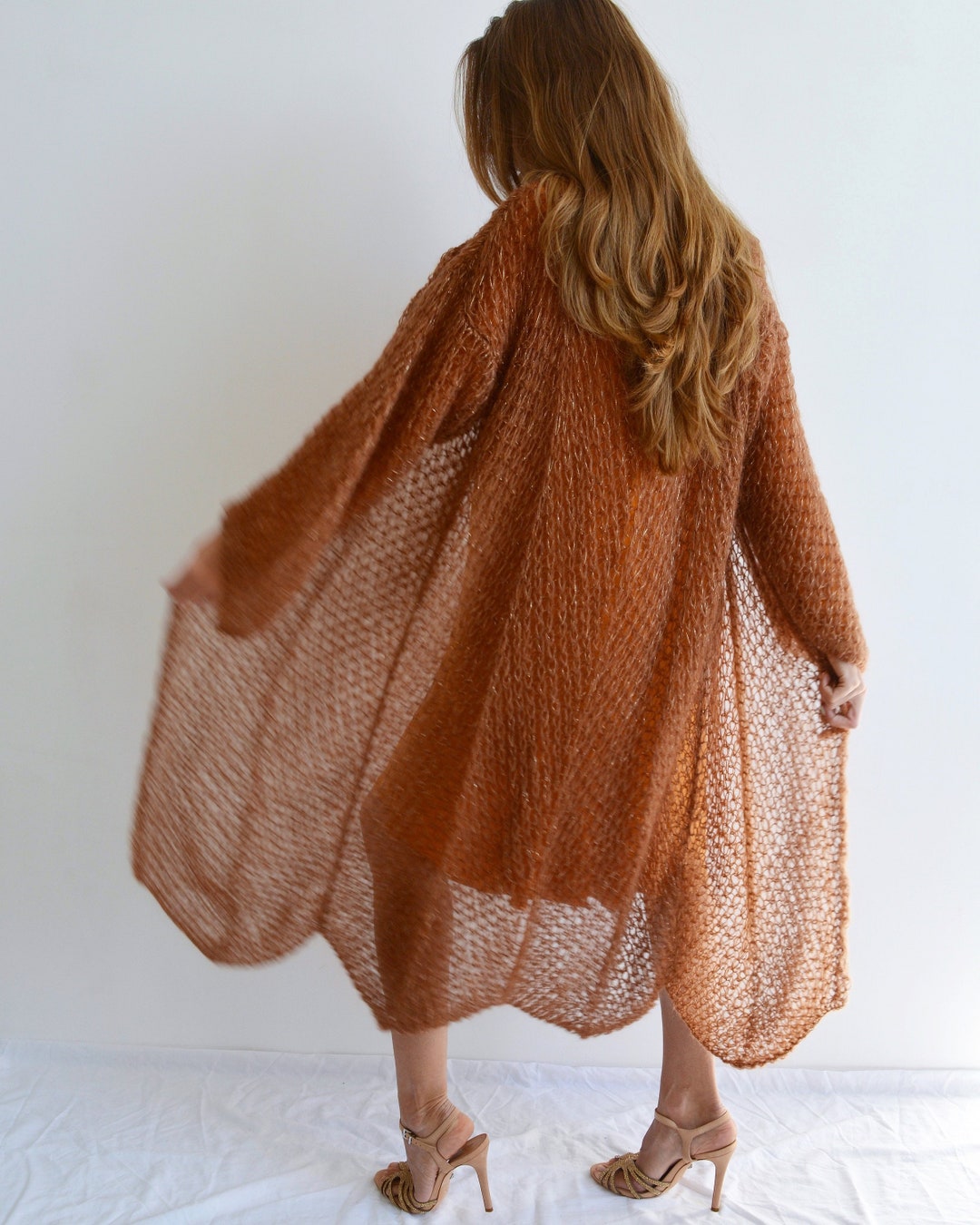 Burnt Orange Mohair Cardigan With Lurex, Rust Long Kimono Cardigan ...