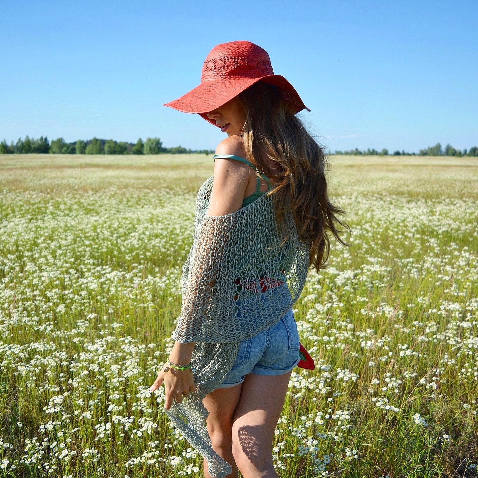 Green Cotton Summer Poncho Beach Knitted Poncho Crochet Boho - Etsy