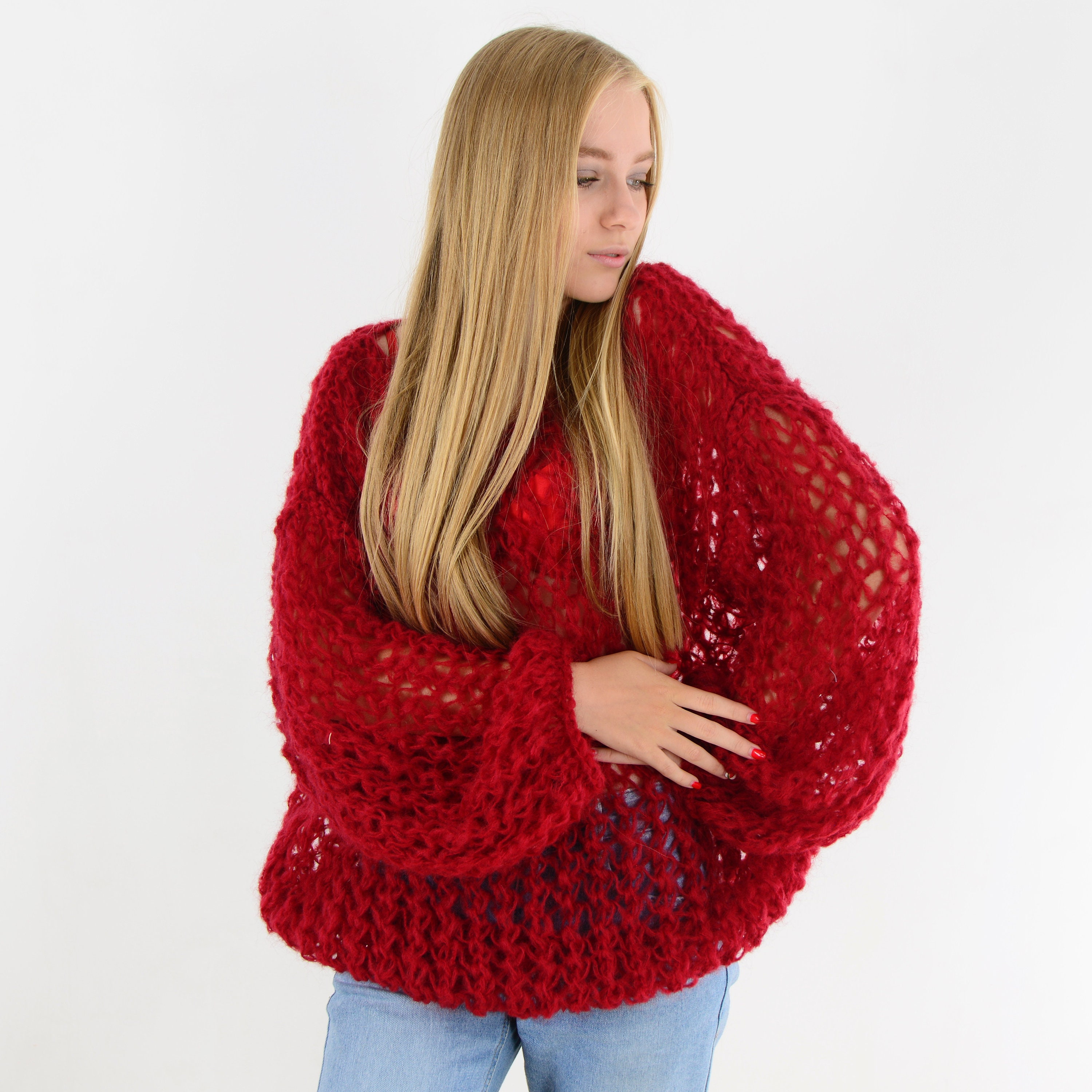 Red Burgundy Mohair Sweater Big Loose Spring Sweater Oversized | Etsy