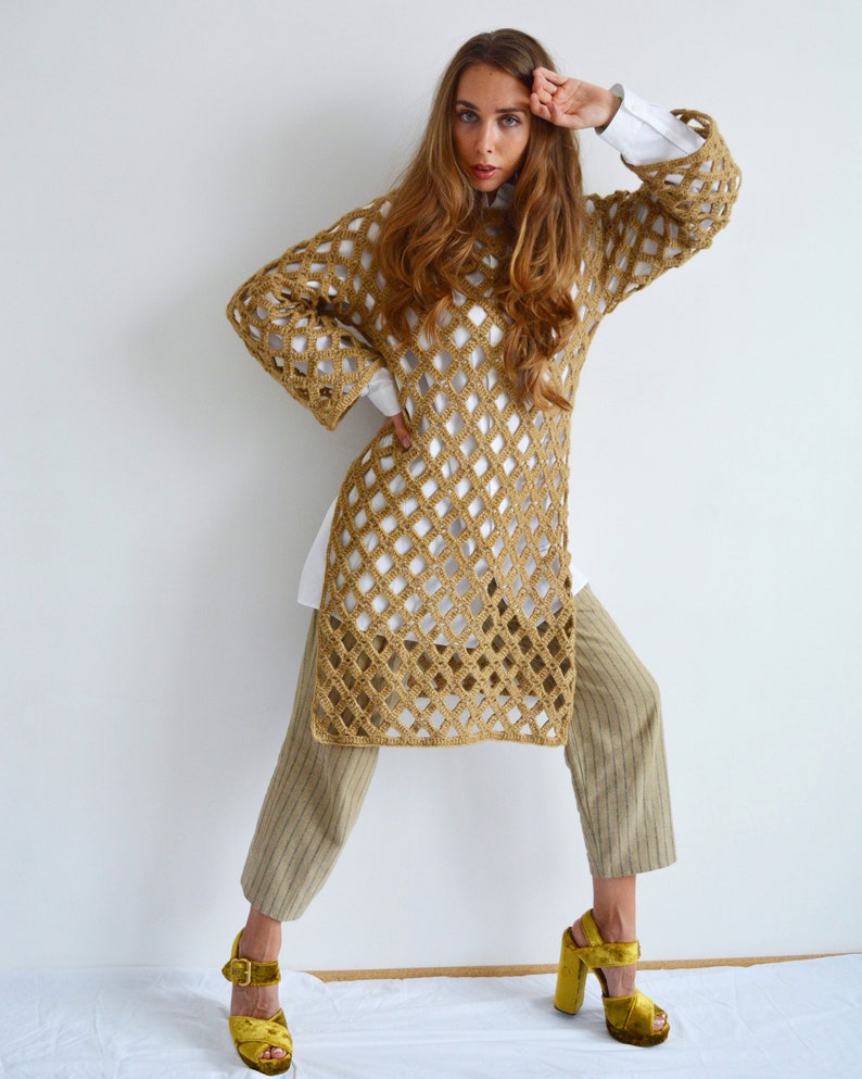 Beige Knit Tunic Dress Mesh Knit Dress Hand Knitted Wool Tunic - Etsy