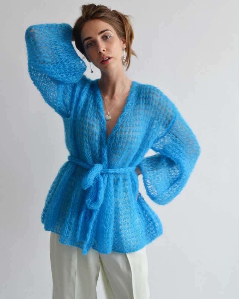 Bright blue mohair cardigan Cropped belted cardigan Short | Etsy