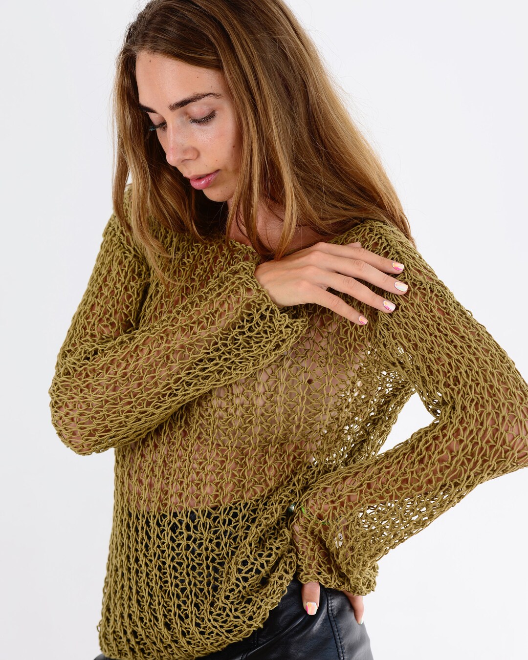 Olive Gold Cotton Knit Sweater Summer Sweater Beach Sweater Light ...
