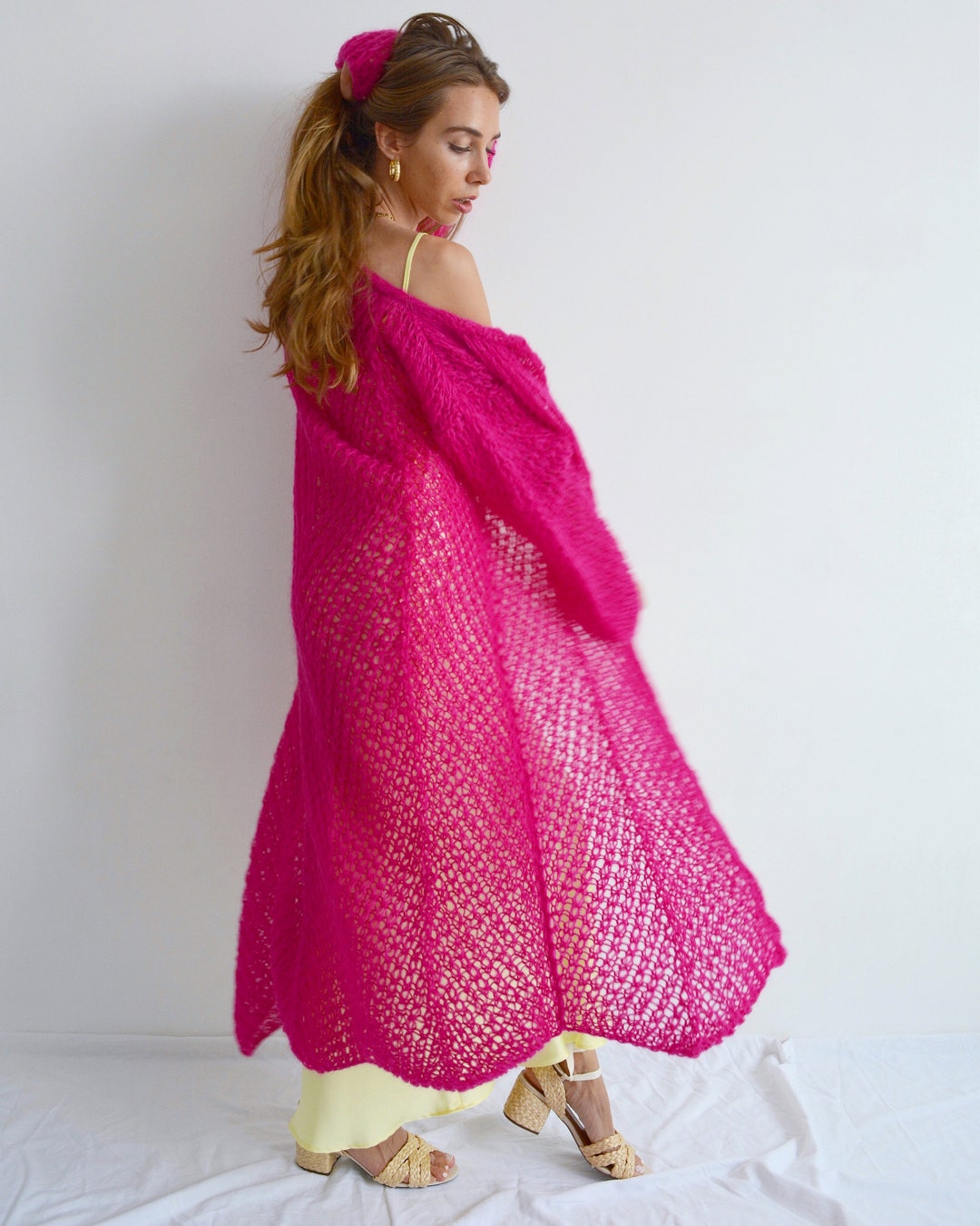 Fuchsia Pink Long Mohair Cardigan, Wrap Kimono Light Cardigan, Knitted ...