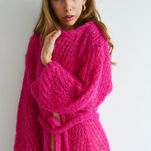 Fuchsia Pink Long Mohair Cardigan, Wrap Kimono Light Cardigan, Knitted ...