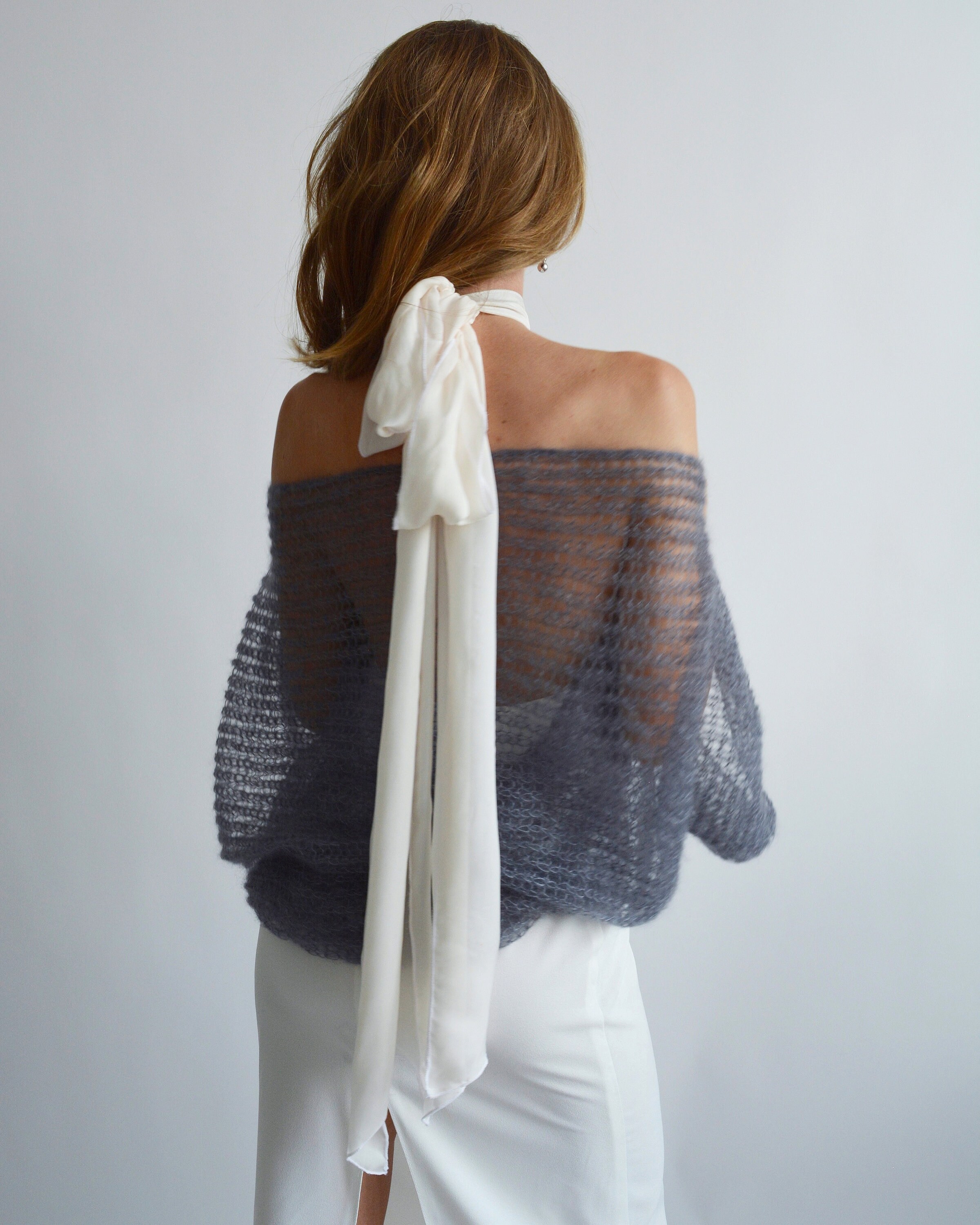 Dark Gray Silk Mohair Shawl , Bridal Light Shrug, Wedding Knitted Shawl ...