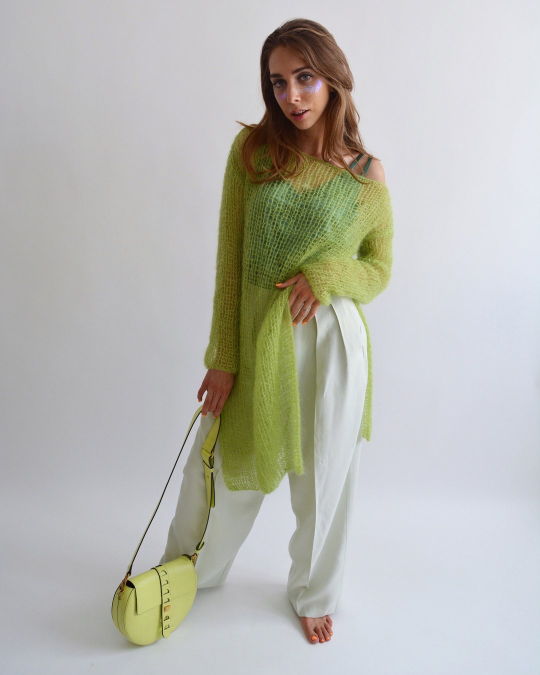 Lime Green Mohair Tunic Knitted Light Tunic Asymmetric Sweater Loose ...