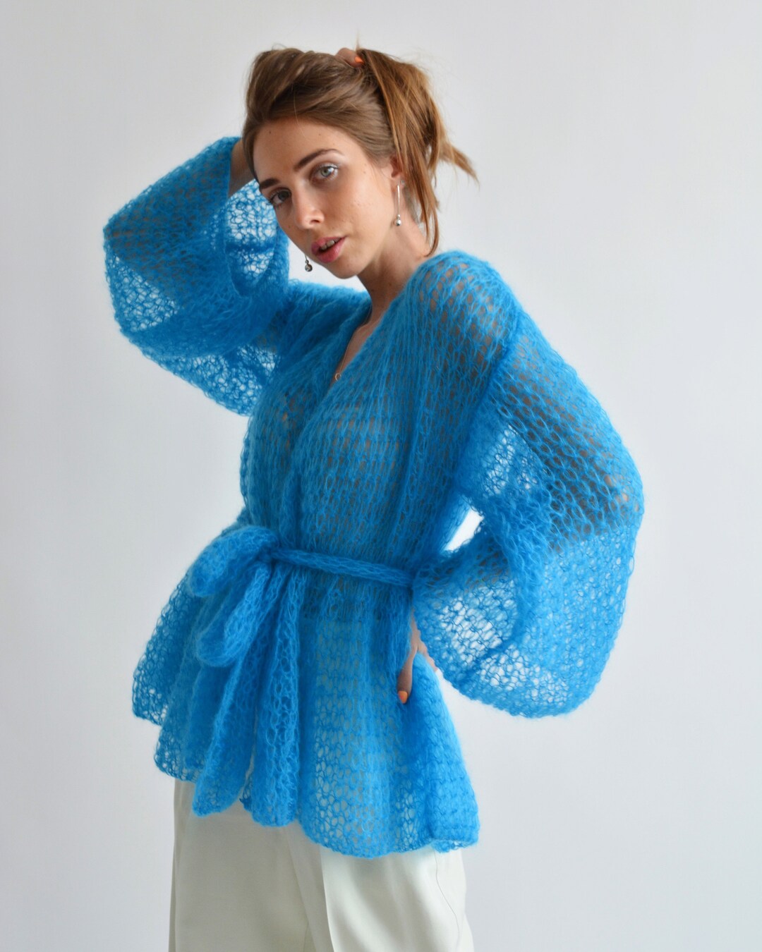 Bright Blue Mohair Cardigan, Cropped Belted Cardigan, Short Light ...