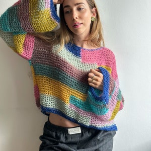 Colorful Mohair Sweater Handknit Rainbow Sweater Multicolour Geometric ...
