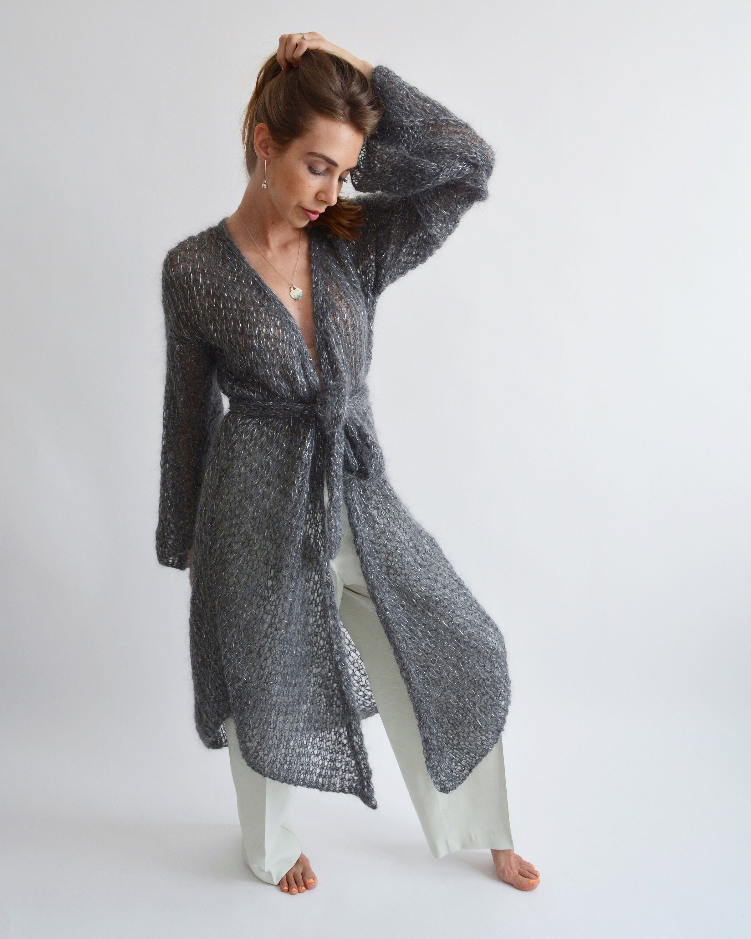 Gray Silver Mohair Cardigan Lurex Knit Cardigan Long Kimono Cardigan ...