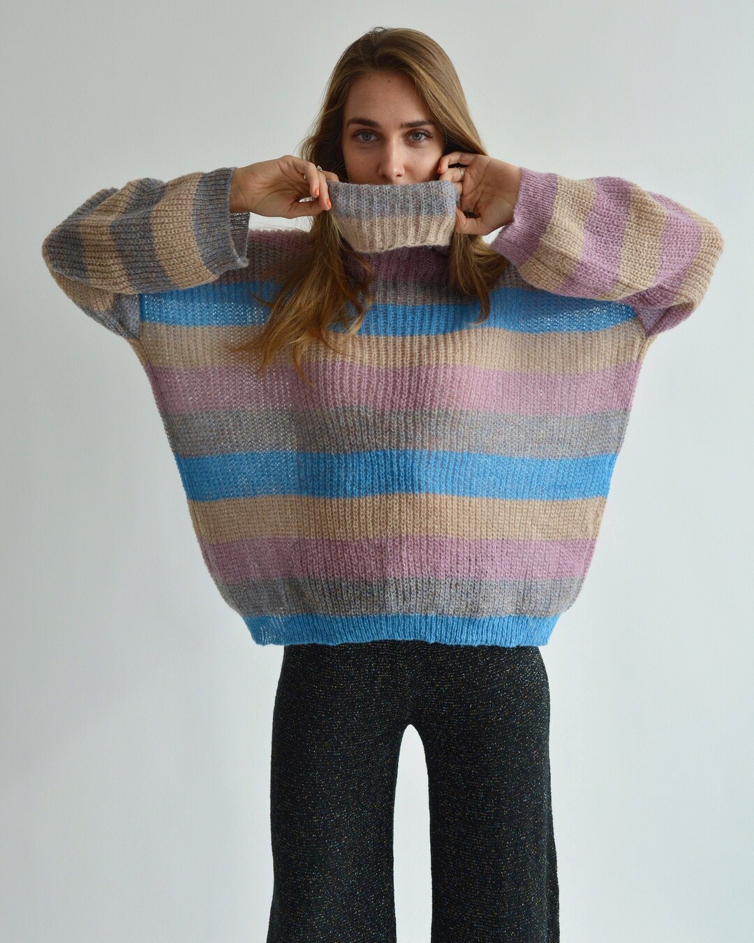 Alpaca Multicolor Striped Sweater, Mohair Turtleneck Sweater, Colorful ...