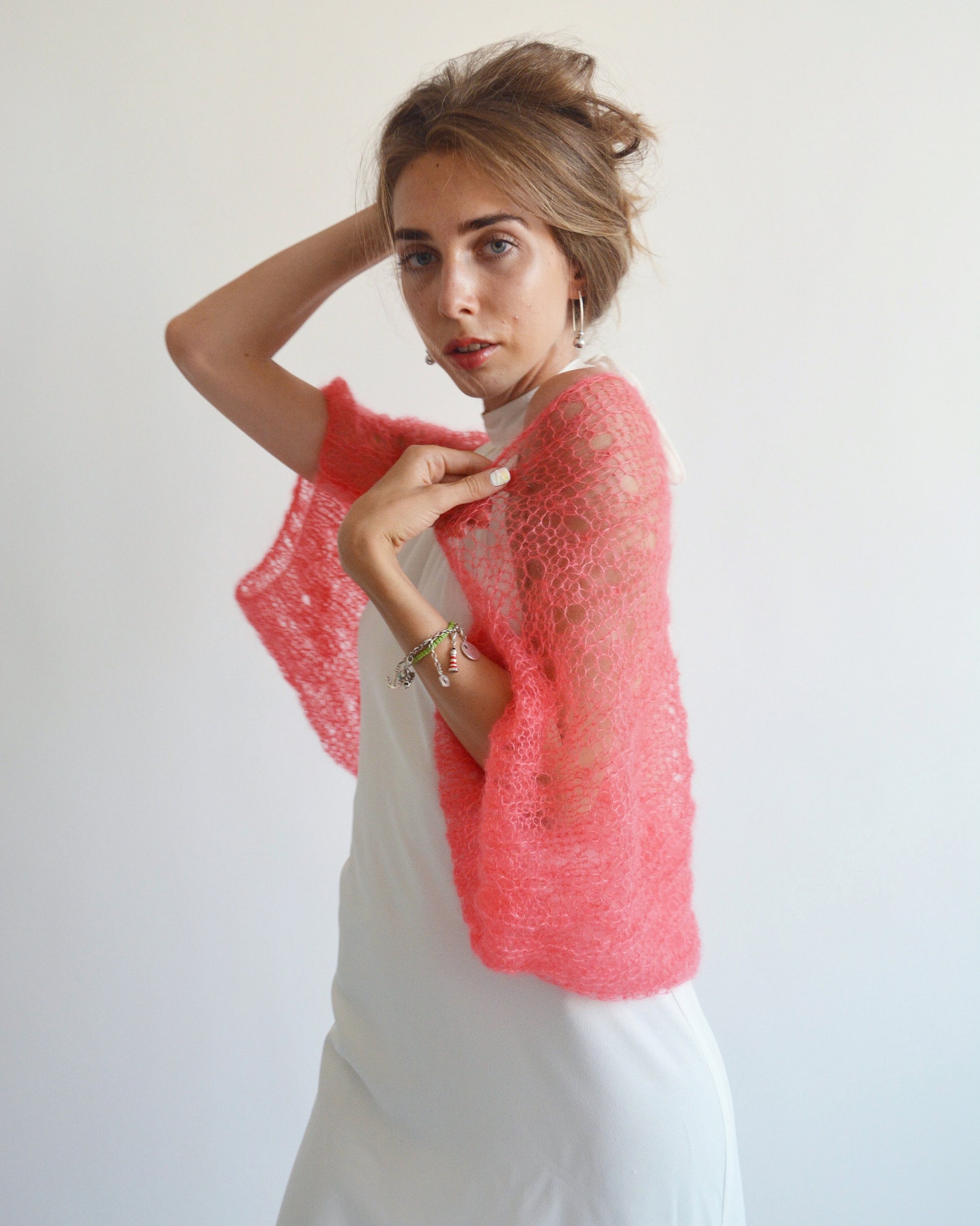 Coral Silk Mohair Shawl, Wedding Bolero Shrug, Bridal Knitted Shawl ...