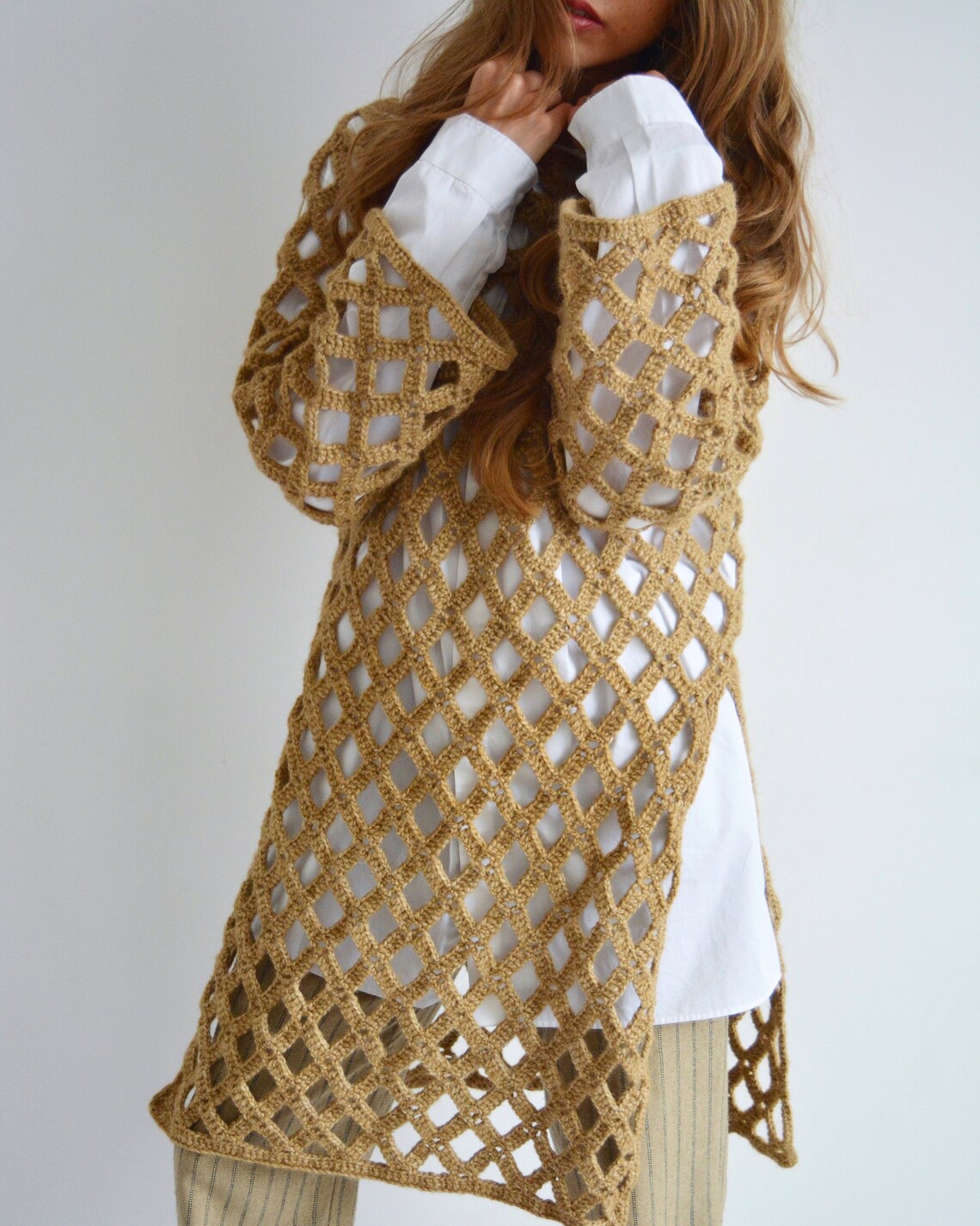 Beige knit tunic dress Mesh knit dress Hand knitted wool tunic | Etsy