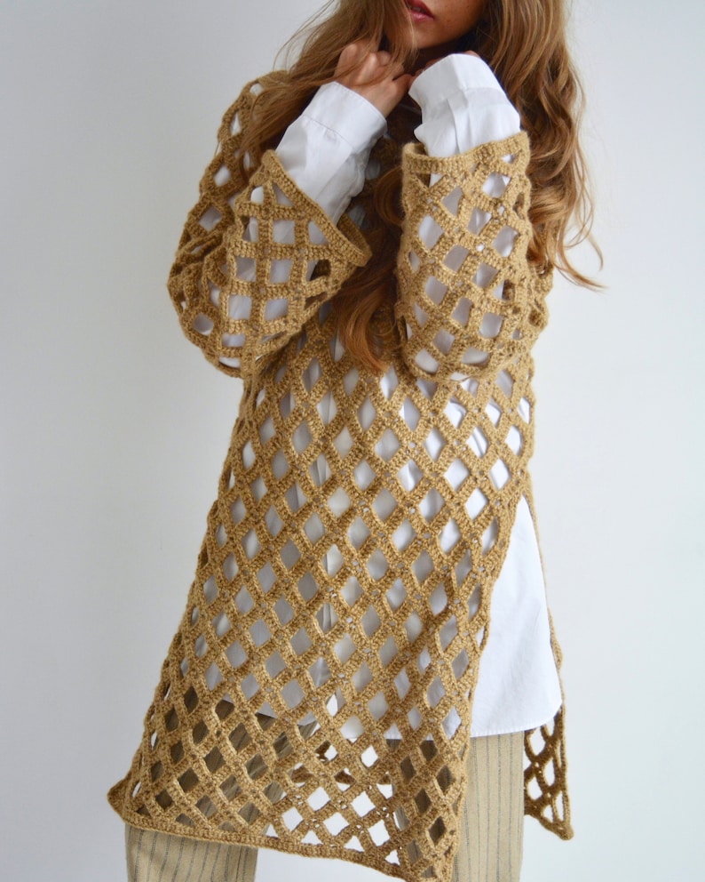 Beige Knit Tunic Dress Mesh Knit Dress Hand Knitted Wool Tunic - Etsy