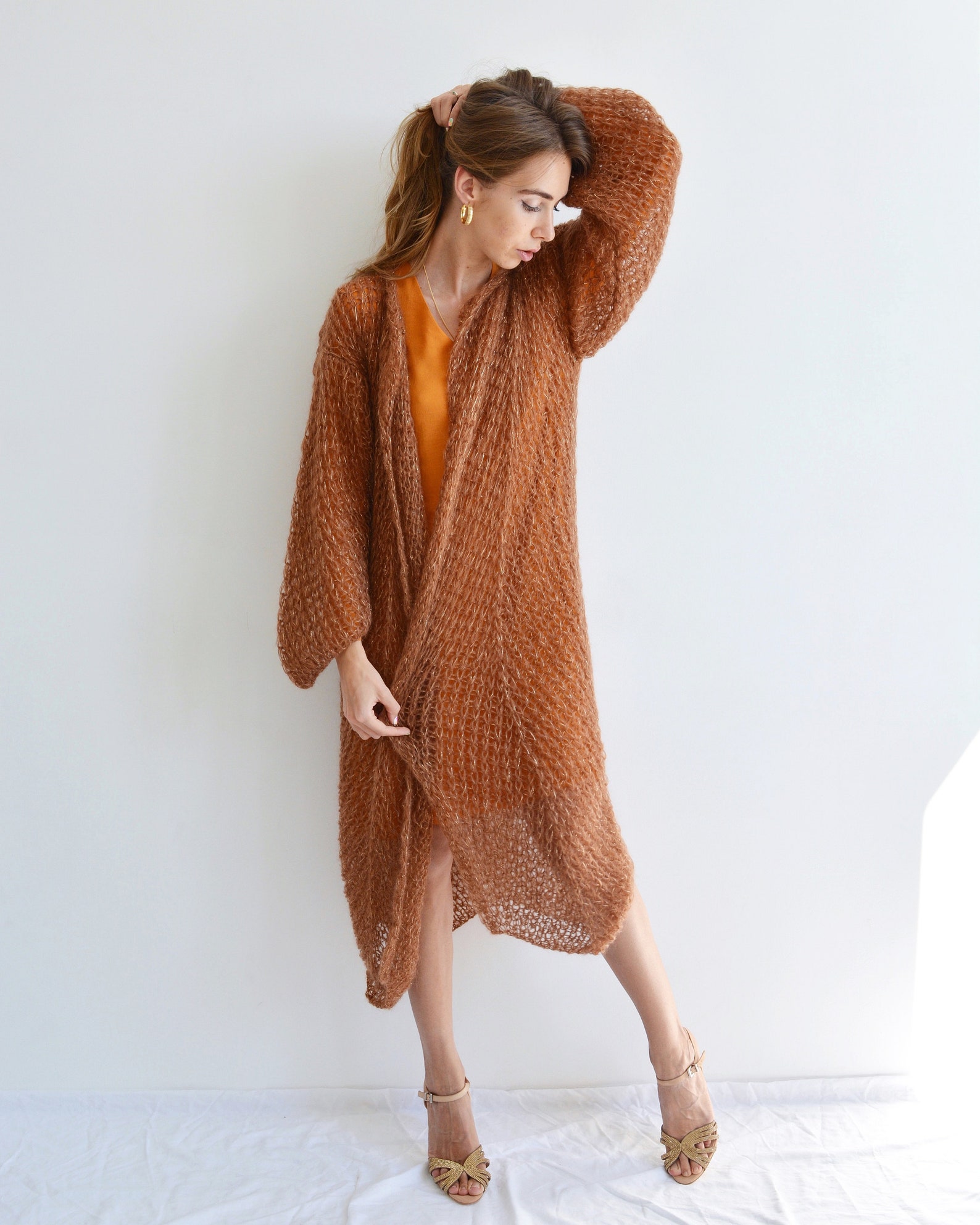 Burnt Orange Mohair Cardigan With Lurex, Rust Long Kimono Cardigan ...