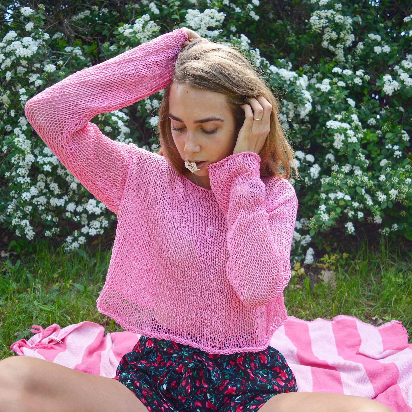 Pink Cropped Sweater Cotton Short Sweater Hand Knitted Summer Sweater ...