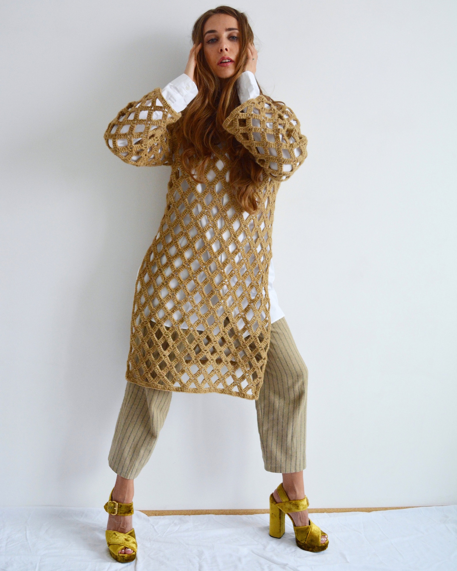 Beige knit tunic dress Mesh knit dress Hand knitted wool tunic | Etsy