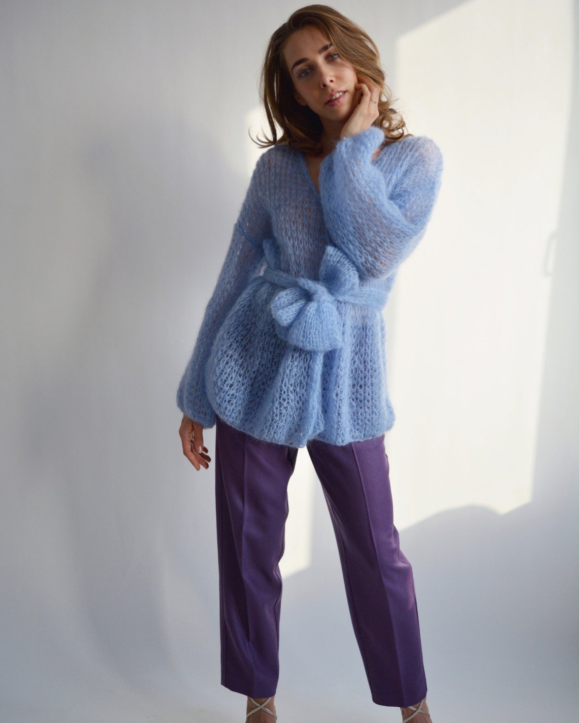 Sky blue mohair cardigan Cropped fluffy cardigan Soft belted | Etsy