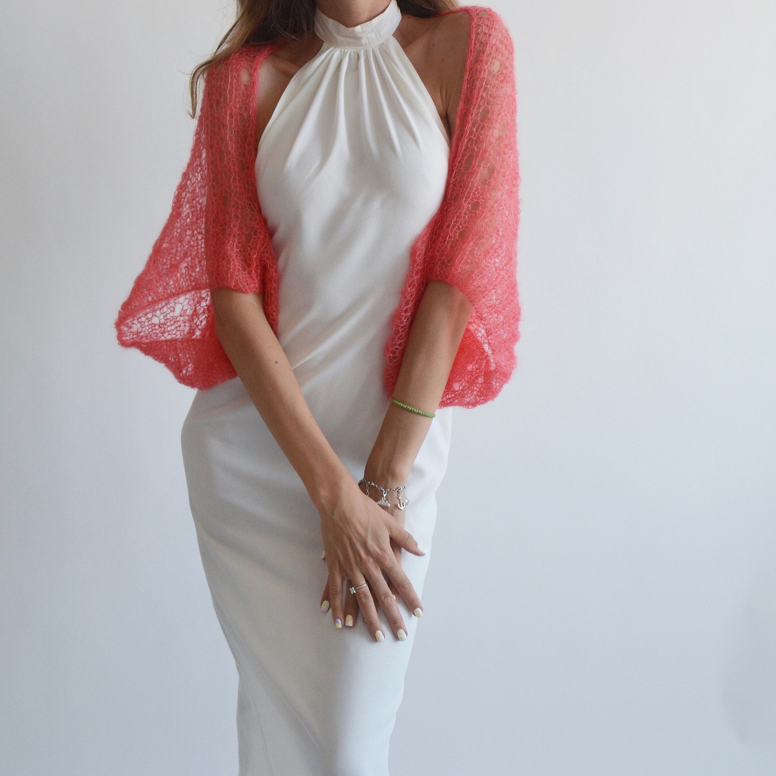 Coral Silk Mohair Shawl, Wedding Bolero Shrug, Bridal Knitted Shawl ...