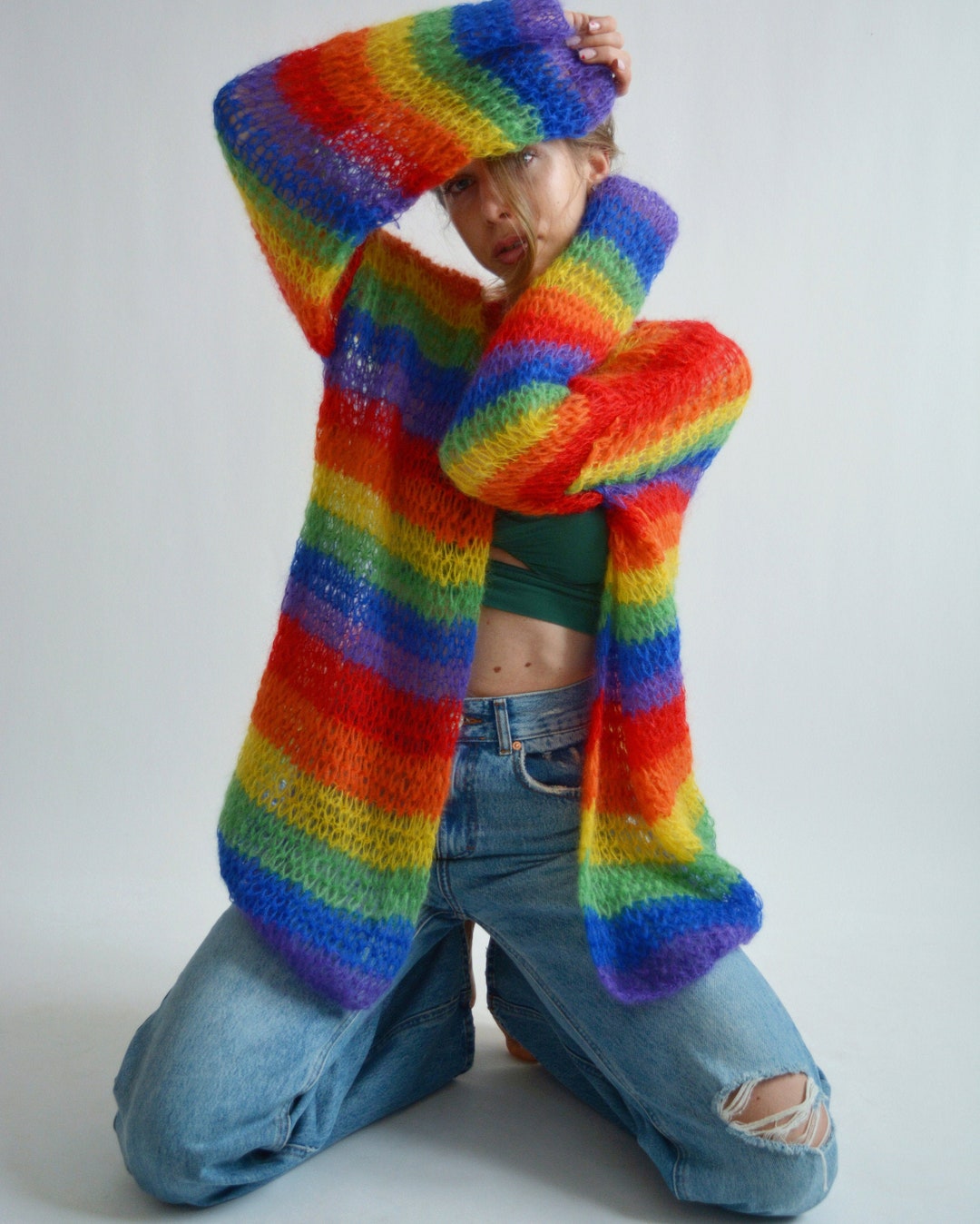 Rainbow Mohair Cardigan Handknit Striped Cardigan Rainbow Pride ...