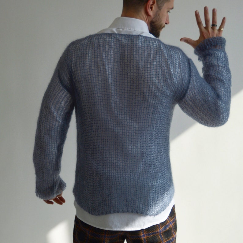 Blue Gray Mens Sweater Patina Blue Handknit Mohair Wool Sweater Mesh ...