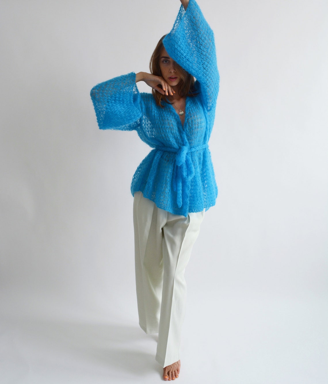 Bright Blue Mohair Cardigan, Cropped Belted Cardigan, Short Light ...