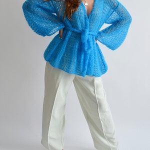 Bright Blue Mohair Cardigan, Cropped Belted Cardigan, Short Light ...