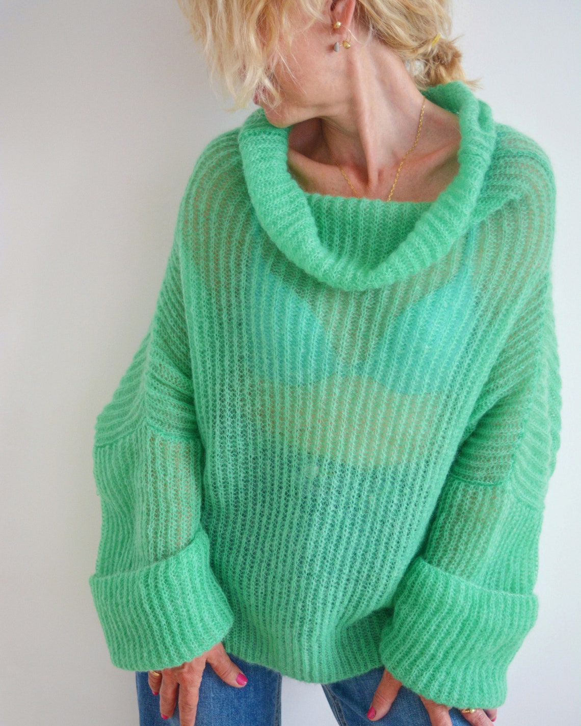 Green Mohair Sweater Turtleneck Stylish Sweater Loose Big Sweater Long ...