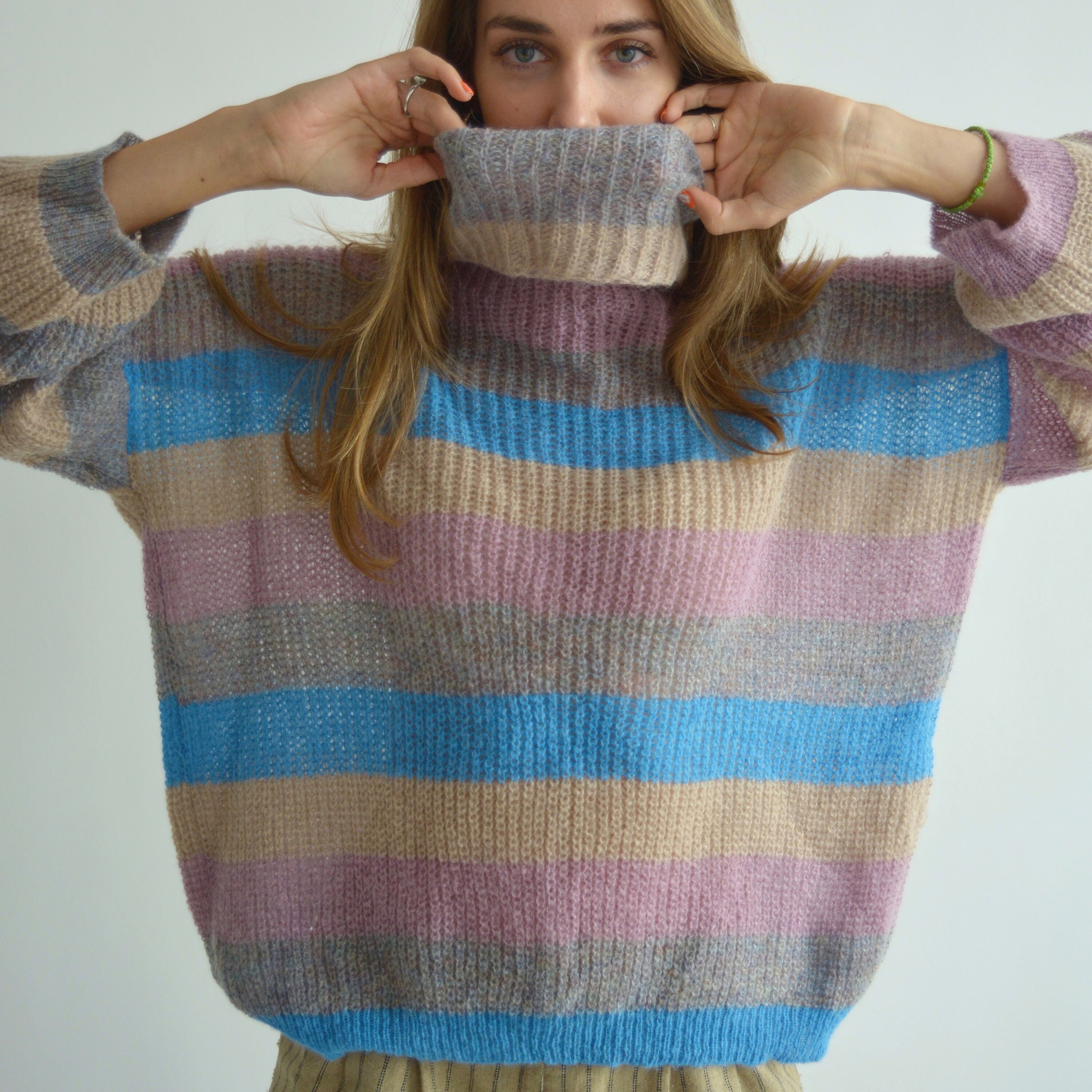 Alpaca Multicolor Striped Sweater, Mohair Turtleneck Sweater, Colorful ...