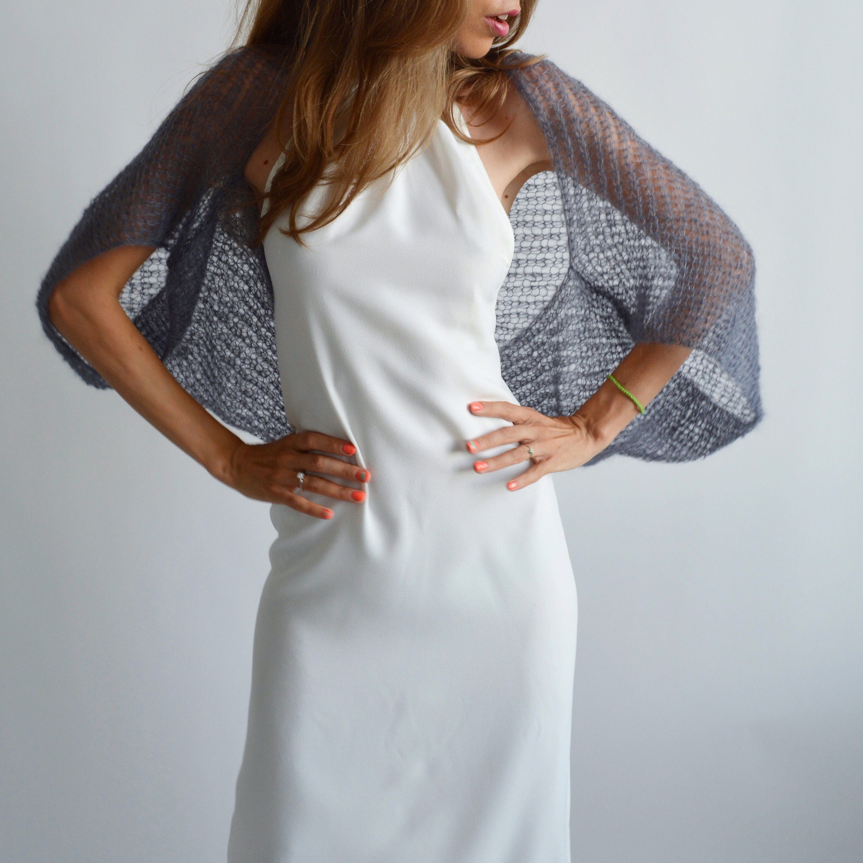Dark Gray Silk Mohair Shawl , Bridal Light Shrug, Wedding Knitted Shawl ...